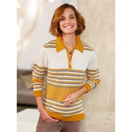 Polokragenpullover Casual Looks "Pullover" Gr. 42, gelb (ocker, ecru, geringelt) Damen Pullover Polokragen-Pullover
