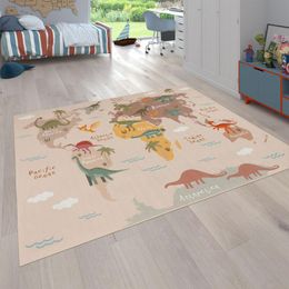 Teppich Kinderzimmer Kinderteppich Dinosauriert Welt Rutschfest Beige Braun Grün 160 cm Rund - Paco Home