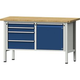 ANKE Werkbank, Gestellbauweise Serie V, 4 Schubladen, Tür 540 mm, Arbeitshöhe 890 mm, Buche massiv