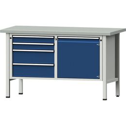 ANKE Werkbank, Gestellbauweise Serie V, 4 Schubladen, Tür 540 mm, Arbeitshöhe 890 mm, Stahlblechbelag