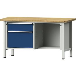 ANKE Werkbank, Gestellbauweise Serie V, 2 Schubladen, ½ Ablageboden, Buche massiv, Vollauszug