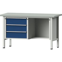 ANKE Werkbank, Gestellbauweise Serie V, 3 Schubladen, ½ Ablageboden, Arbeitshöhe 890 mm, Stahlblechbelag