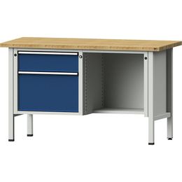 ANKE Werkbank, Gestellbauweise Serie V, 2 Schubladen, ½ Ablageboden, Höhe 890 mm, Buche massiv