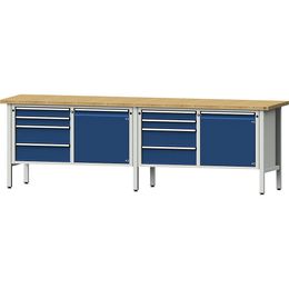ANKE Werkbank Breite 2800 mm, Gestellbauweise, 2 Türen, 8 Schubladen mit Vollauszug, Höhe 890 mm, Buchemassivplatte