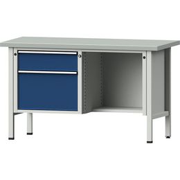 ANKE Werkbank, Gestellbauweise Serie V, 2 Schubladen, ½ Ablageboden, Höhe 890 mm, Stahlblechbelag