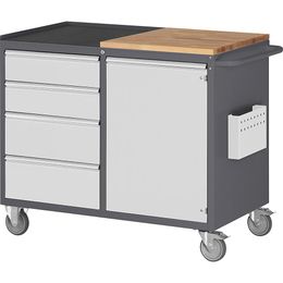 Rau Kompaktwerkbänke, fahrbar, 4 Schubladen, 1 Tür, Arbeitsfläche Holz / Metall, anthrazit / lichtgRau