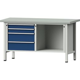 ANKE Werkbank, Gestellbauweise Serie V, 4 Schubladen, 1 Ablageboden, Stahlblechbelag, Höhe 840 mm
