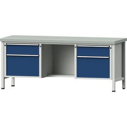 ANKE Werkbank, Gestellbauweise Serie V, Schubladen 2 x 180 mm, 2 x 360 mm, ½ Ablageboden, Stahlblechbelag, Volllauszug
