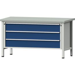 ANKE Werkbank 1500 mm breit, Gestellbauweise, 3 Schubladen à 180 mm, Stahlblechbelagplatte, Höhe 840 mm