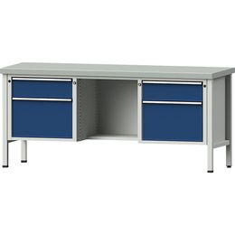 ANKE Werkbank, Gestellbauweise Serie V, Schubladen 2 x 180 mm, 2 x 360 mm, ½ Ablageboden, Höhe 890 mm, Stahlblechbelag
