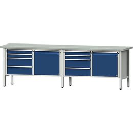 ANKE Werkbank Breite 2800 mm, Gestellbauweise, 2 Türen, 8 Schubladen mit Vollauszug, Höhe 890 mm, Stahlblechbelagplatte