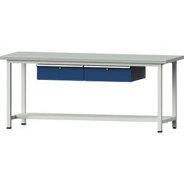 ANKE Werkbank, Gestellbauweise Serie V, 2 Schubladen, 1 Ablageboden, Breite 2000 mm, Stahlblechbelagplatte