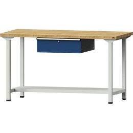 ANKE Werkbank, Gestellbauweise Serie V, 1 Schublade, 1 Ablageboden, Breite 1500 mm, Buchemassivplatte