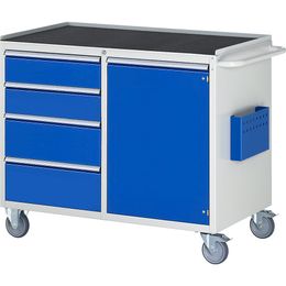 Rau Kompaktwerkbänke, fahrbar, 4 Schubladen, 1 Tür, Metallablage mit Gummimatte, lichtgRau / enzianblau