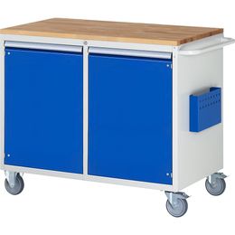 Rau Kompaktwerkbänke, fahrbar, 2 Türen, Holzarbeitsfläche, lichtgRau / enzianblau