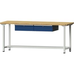 ANKE Werkbank, Gestellbauweise Serie V, 2 Schubladen, 1 Ablageboden, Breite 2000 mm, Buchemassivplatte
