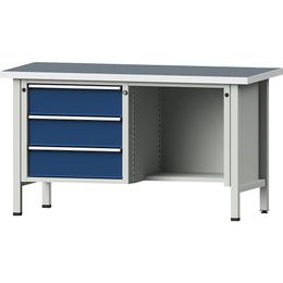 ANKE Werkbank, Gestellbauweise Serie V, 3 Schubladen, ½ Ablageboden, Universalplatte, Teilauszug