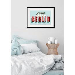 Bild queence "Greetings from Berlin" Bilder Gr. B/H: 70 cm x 50 cm, Wandbild Städte Querformat, 1 St., rot Kunstdrucke