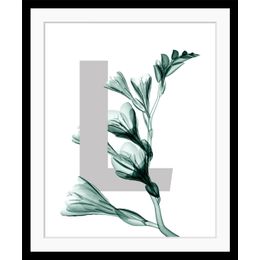 Bild queence "L-Flower" Bilder Gr. B/H: 50 cm x 70 cm, Wandbild Buchstaben Hochformat, grün (grau, dunkelgrün) Kunstdrucke Blätter, gerahmt, Blume