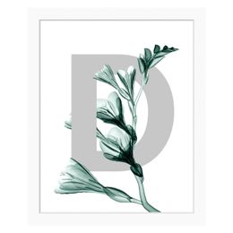 Bild queence "D-Flower" Bilder Gr. B/H: 50 cm x 70 cm, Wandbild Buchstaben Hochformat, grün (grau, dunkelgrün) Kunstdrucke Blume, Blätter, gerahmt