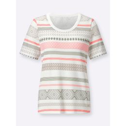 WITT Damen Kurzarmshirt mit Rundhals-Ausschnitt, ecru-khaki-gemustert, Gr&ouml;&szlig;e 44