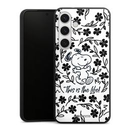 DeinDesign Galaxy S24 Handy Premium Silikon H&uuml;lle Handyh&uuml;lle schwarz Case Peanuts Flowers Snoopy Silikon Premium Case