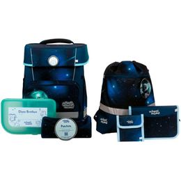 School-Mood® Schulranzen Champion, Moritz (Weltall) (Set, 7-tlg), mit LED-Patchy; aus recyceltem Material, blau