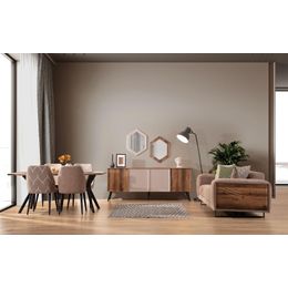 JVmoebel Esszimmer-Set Moderne Esszimmer Beiger 3-Sitzer Esstisch Luxus 4x Stühle Spiegel