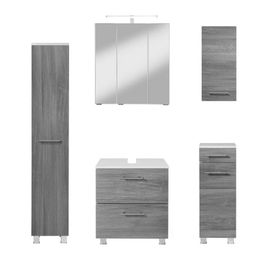 HELD MÖBEL HELD MÖBEL Badmöbel-Set "Trento", Badezimmer-Set, Hängeschrank, Unterschrank, Midischrank, (5-St), Waschbeckenunterschrank, Spiegelschrank inkl. Aufbauleuchte, bunt|silberfarben