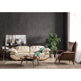 JVmoebel Wohnzimmer-Set Weiß-Braune Wohnzimmer Couchgarnitur Designer Dreisitzer Luxus Sessel
