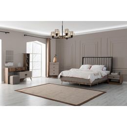 JVmoebel Schlafzimmer-Set Graue Schlafzimmer Doppelbett 2x Nachttische Holz Schminktisch