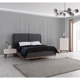 JVmoebel Schlafzimmer-Set Modern Schlafzimmer Set Grau Doppelbett Weiße 2x Holz Nachttische