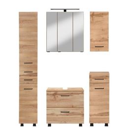 HELD MÖBEL HELD MÖBEL Badmöbel-Set "Trento", Badezimmer-Set, Hängeschrank, Unterschrank, Hochschrank, (5-St), Waschbeckenunterschrank, Spiegelschrank inkl. Aufbauleuchte, beige