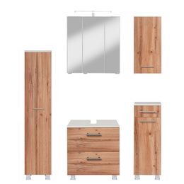 HELD MÖBEL HELD MÖBEL Badmöbel-Set "Trento", Badezimmer-Set, Hängeschrank, Unterschrank, Midischrank, (5-St), Waschbeckenunterschrank, Spiegelschrank inkl. Aufbauleuchte, beige|weiß