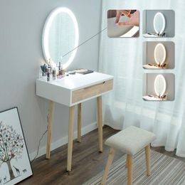 Schminktisch LED-Beleuchtung Kosmetiktisch mit gepolstertem Hocker Frisiertisch Spiegel Schublade Kommode Make-up Tisch, Wohnzimmer - Weiß - Puluomis