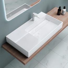 90x48x13cm Design Waschbecken mit verstecktem Ablauf Colossum12-Rechts in weiß aus Gussmarmor als Aufsatzwaschbecken und Hängewaschbecken geeignet