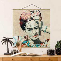 MICASIA Stoffbild mit Posterleisten - Frida Kahlo - Collage No.1 - Quadrat 1:1 Größe HxB: 100cm x 100cm Material: Eiche
