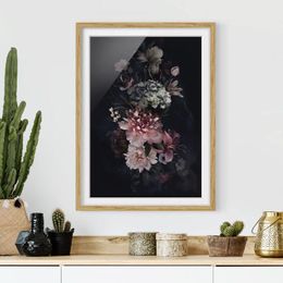 MICASIA - Bild mit Rahmen - Blumen mit Nebel auf Schwarz Größe HxB: 24cm x 18cm, Rahmen: Eiche