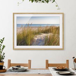 MICASIA Bild mit Rahmen - Stranddüne am Meer Größe HxB: 40cm x 55cm, Rahmen: Eiche