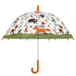 Esschert Design Stockregenschirm Kinder Regenschirm transparent mit WALDTIEREN und orangem Griff