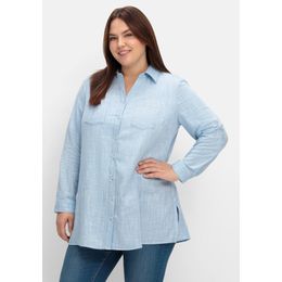 sheego Große Größen: Lange Bluse mit Krempelärmeln, in Leinenoptik, blau, Gr.48