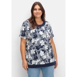 sheego Große Größen: Shirt in leichter A-Linie, mit Blumendruck und Streifen, marine gemustert, Gr.56