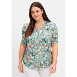 sheego Große Größen: Bluse mit V-Ausschnitt und Allover-Blumenprint, tiefgrün gemustert, Gr.50