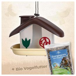 plastia Vogelhaus Futterhaus DOMEK Braun + Bio Energieprotz Vogelfutter 1 kg