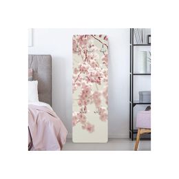 Bilderdepot24 Garderobenpaneel weiss Blumen Floral Kirschblütentanz Design (ausgefallenes Flur Wandpaneel mit Garderobenhaken Kleiderhaken hängend)