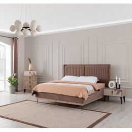JVmoebel Schlafzimmer-Set Braunes Schlafzimmer Doppelbett Holz Moderne 2x Nachttische