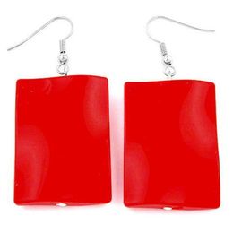 unbespielt Paar Ohrclips Ohrringe Viereck gewellt rot-glänzend Kunststoff-Perle 56 x 25 mm