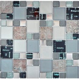 Mosani Mosaikfliesen Glasmosaik Crystal Mosaik silber grau schwarz / 10 Matten
