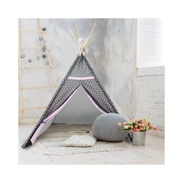 ECD Germany Spielzelt Tipizelt Teepee Kinderzelt Babyzelt Zelt Grau 115x115x160cm mit Fenster Sternen Rosa Türblenden