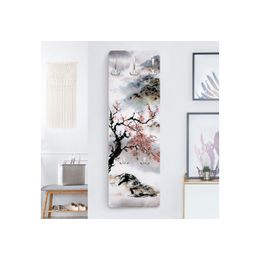 Bilderdepot24 Garderobenpaneel grau Wald Natur Vintage Japanische Aquarell Zeichnung Kirschbaum Berge (ausgefallenes Flur Wandpaneel mit Garderobenhaken Kleiderhaken hängend)